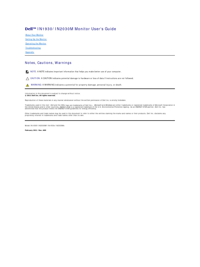 DELL Monitor IN2030M User Guide | Download Free PDF | Computer Monitor | Computer Engineering