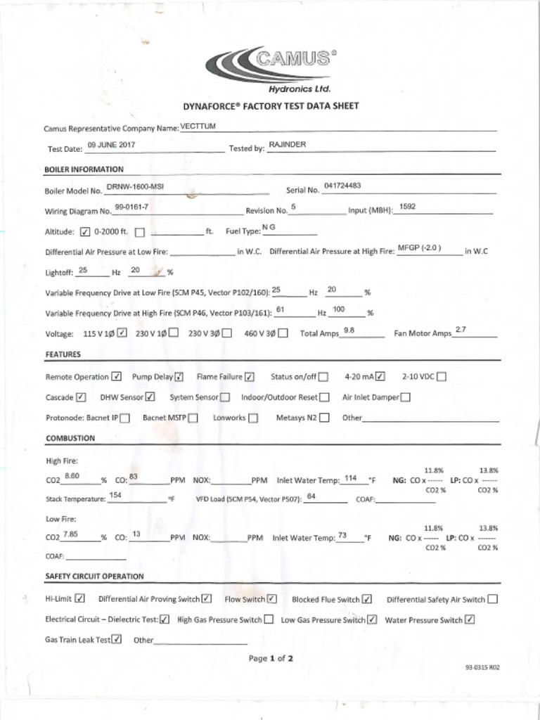 Factory Test Data Sheet - Boiler | PDF