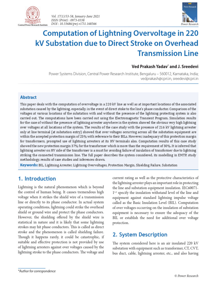 Computation Of Lightning Overvoltage Pdf Electrical Substation Transformer