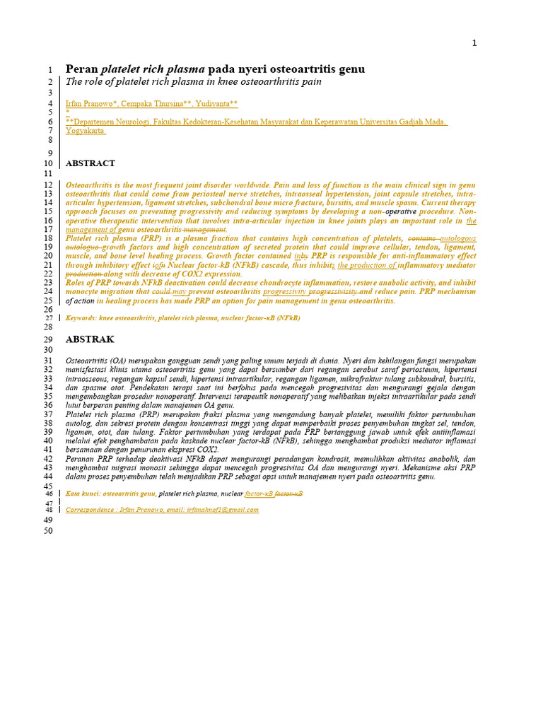 TPBNS19 (2) 1 - Xperan PRP Pada Nyeri OA Genu Review RD - v5.0 | PDF | Osteoarthritis | Cell Biology