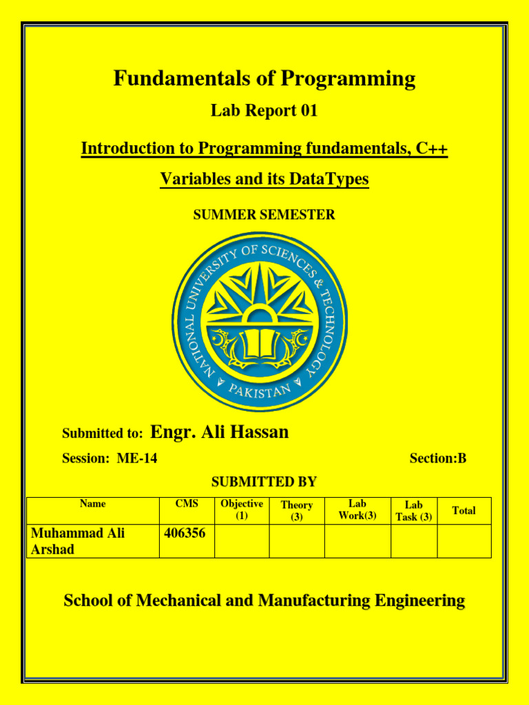 FOP Lab Report 1 M Ali Arshad 406356 | PDF | Teaching Methods ...