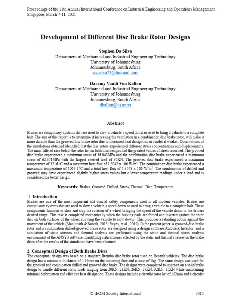 Development of Different Disc Brake Rotor Designs: Stephen Da Silva ...