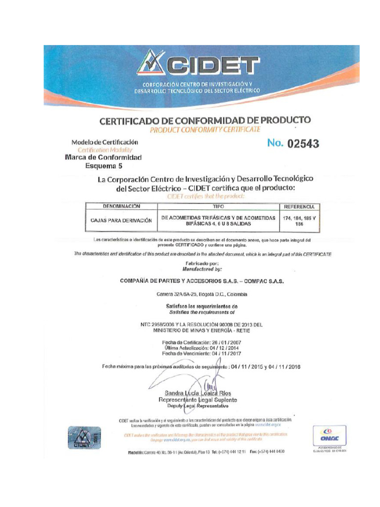 Certificado Retie Cajas para Derivacion de Acometidas Metalicas Compac | PDF
