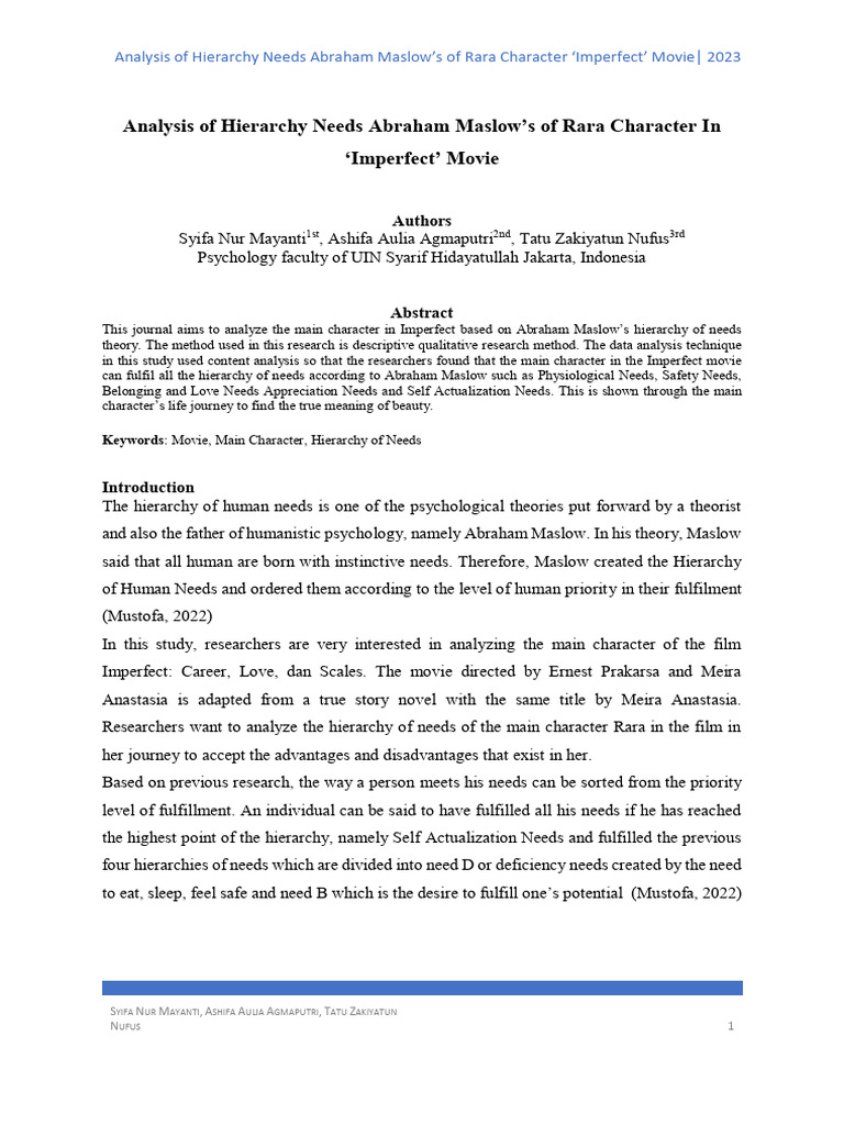 Analysis of Hierarchy Needs Abraham Maslow’s of Rara Character in ...