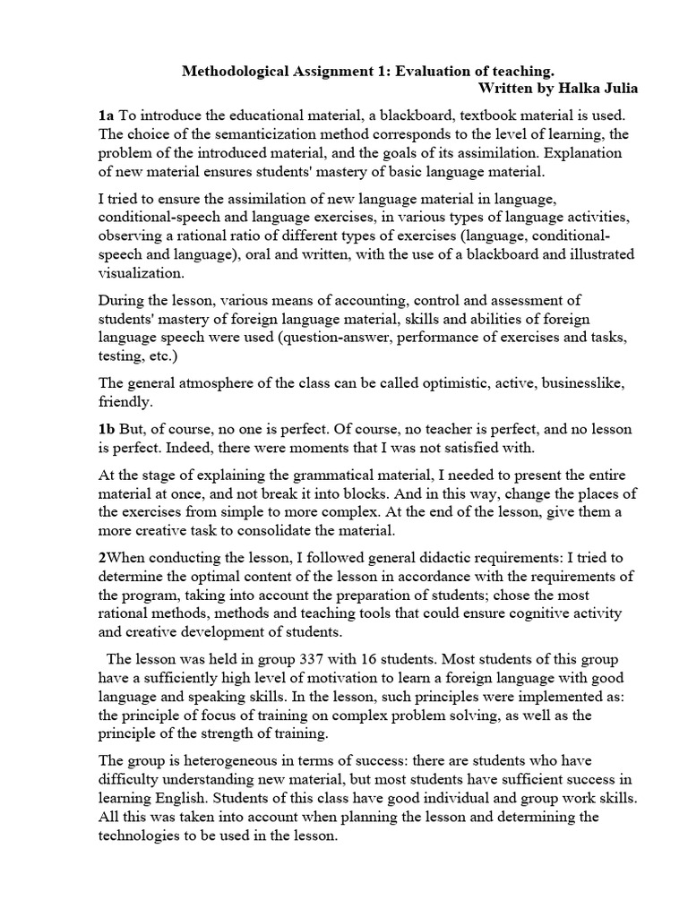 Assignment 1 Evaluation Of Teaching Pdf Learning Teachers