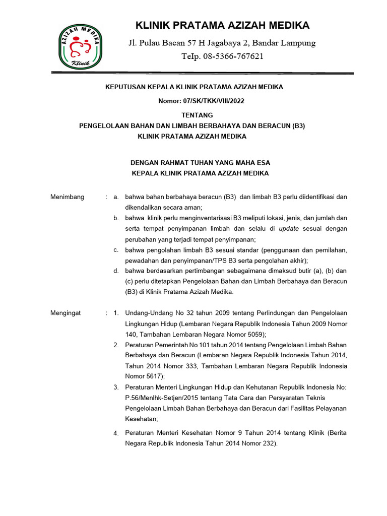 SK Pengelolaan Limbah B3 (Kpam) | PDF