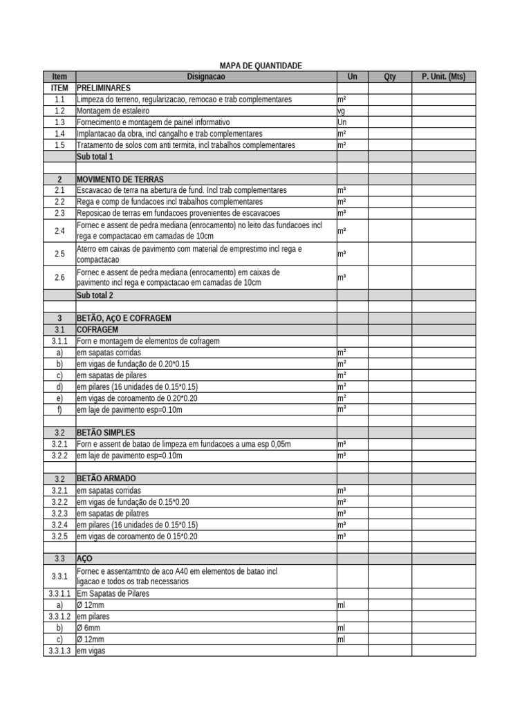 Exemplo de Mapas de Quantidades | PDF | Engenharia Estrutural ...