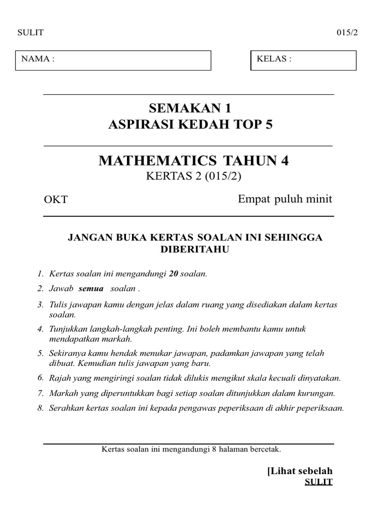 Mathematics Tahun 4: Semakan 1 Aspirasi Kedah Top 5 | PDF