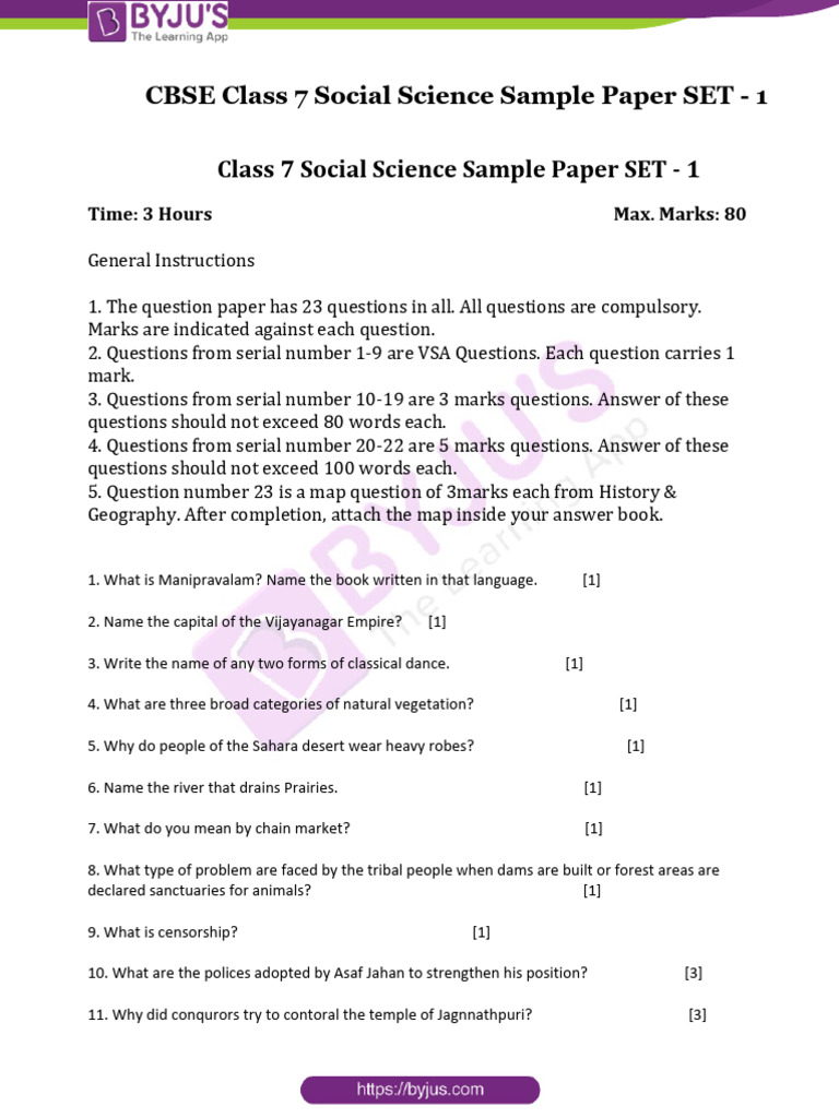 CBSE Class 7 Social Science Sample Paper SET 1 | PDF