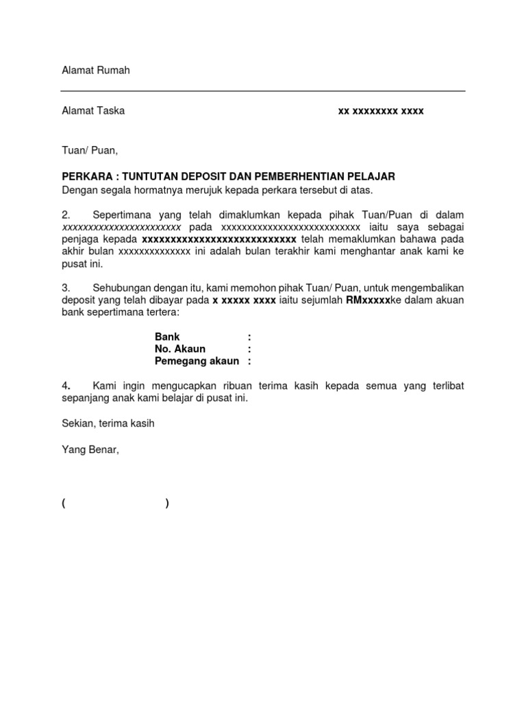 Contoh Surat Tuntutan Deposit Taska | PDF