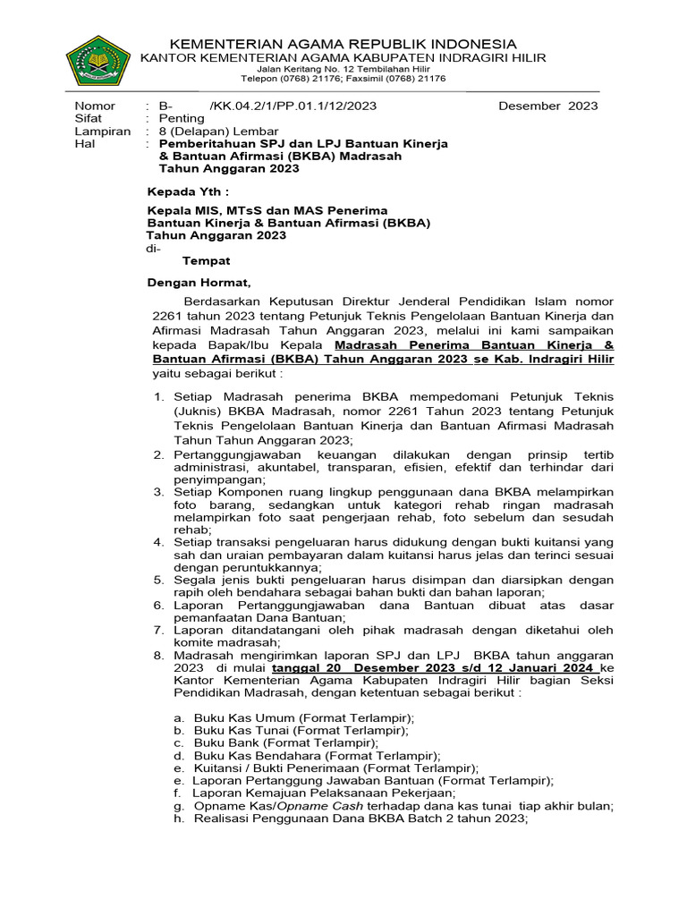 2023 Surat SPJ Bos Bkba | PDF