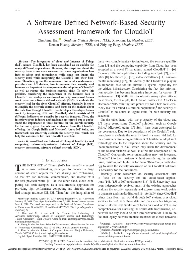 A Software Defined Network-Based Security Assessment Framework For CloudIoT | PDF