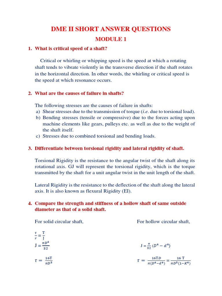 Dme Short Answer Questions | PDF | Gear | Belt (Mechanical)