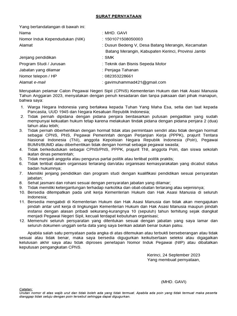 Surat - Pernyataan - CPNS KEMENKUMHAM | PDF Surat - Pernyataan - CPNS KEMENKUMHAM | PDF
