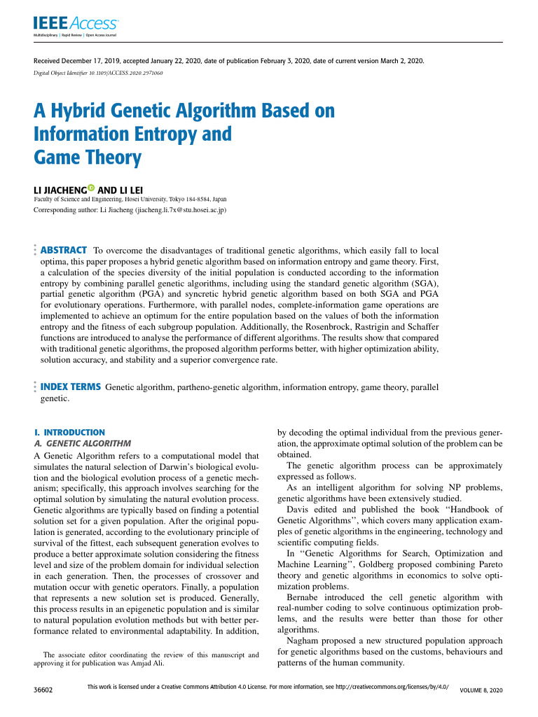A Hybrid Genetic Algorithm Based On Information Entropy and Game Theory | PDF | Genetic ...
