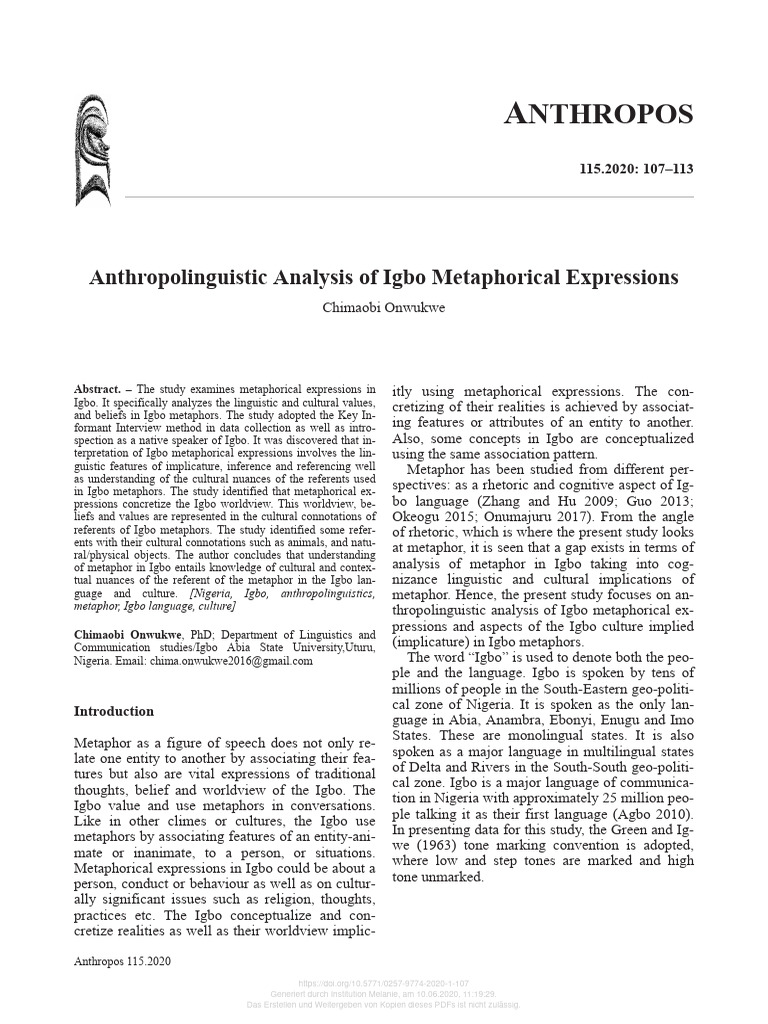 Anthropolinguistic Analysis of Igbo Metaphorical Expressions | PDF ...
