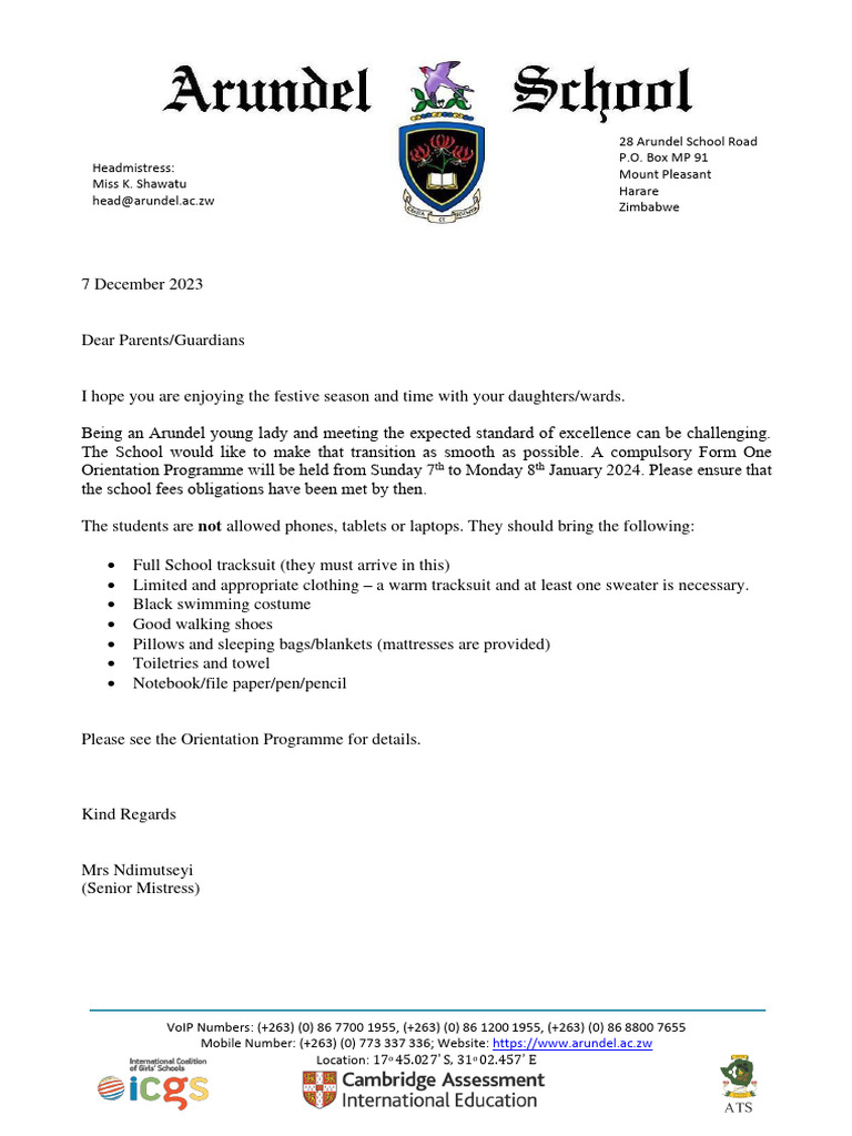 Form One Orientation Letter 2024 | PDF
