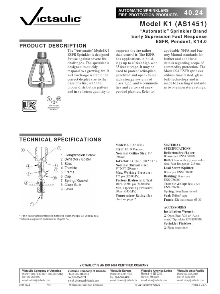 VICTAULIC "Automatic" Sprinkler Brand Early Supression Fast Response ESFR Pendent K14.0 AS1451 ...
