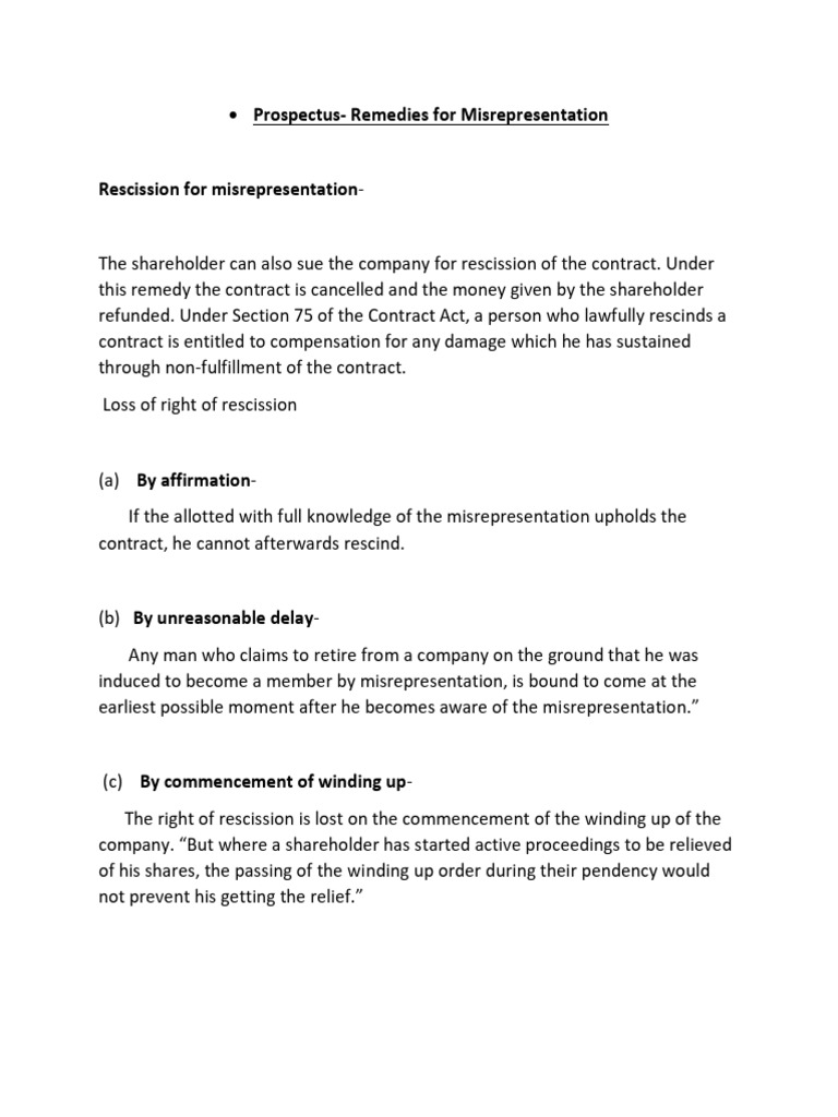 Remedies for Misrepresentation in Prospectus | PDF | Misrepresentation ...