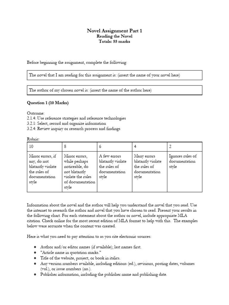 Novel Assignment Part 1 | PDF | Citation | Novels