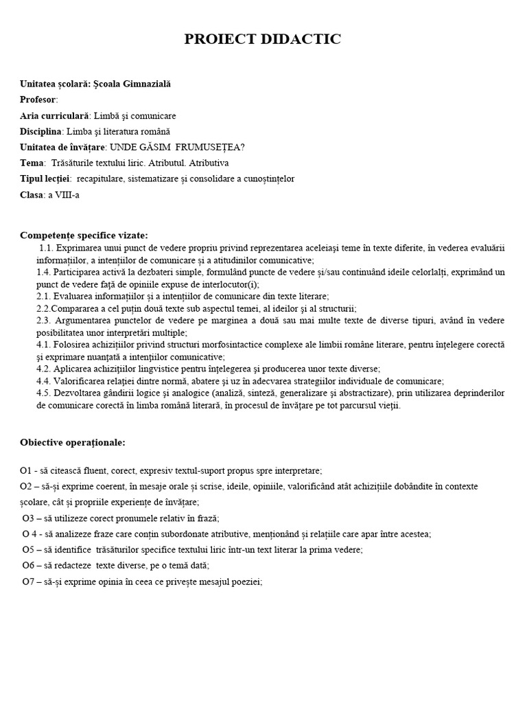 Proiect Didactic Textul Liric | PDF