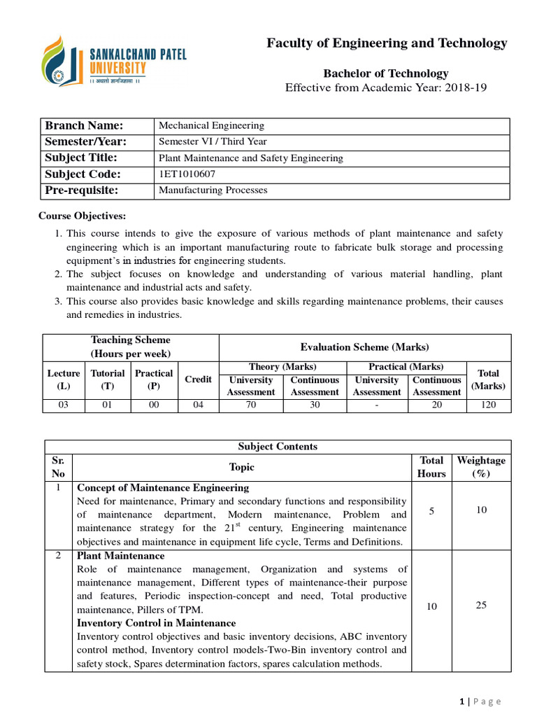 Plant Maintenance and Safety Engineering | PDF | Safety | Engineering