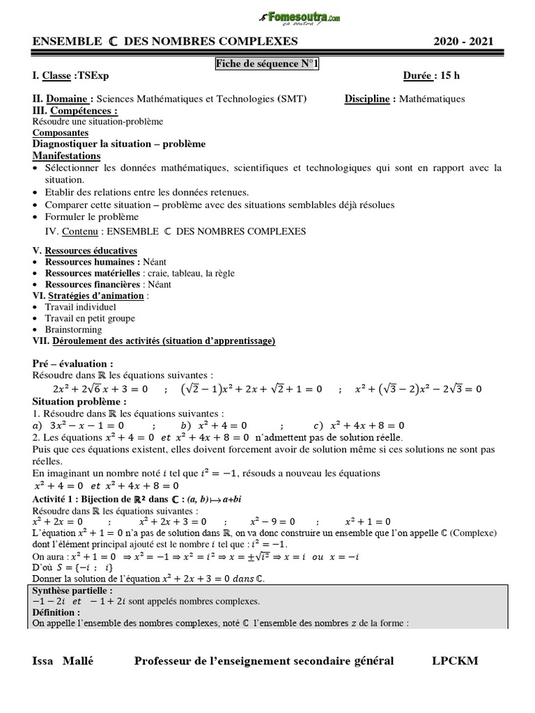 Chapitre I Ensemble Des Nombres Complexes - 1 | PDF | Nombre complexe | Équation du second degré