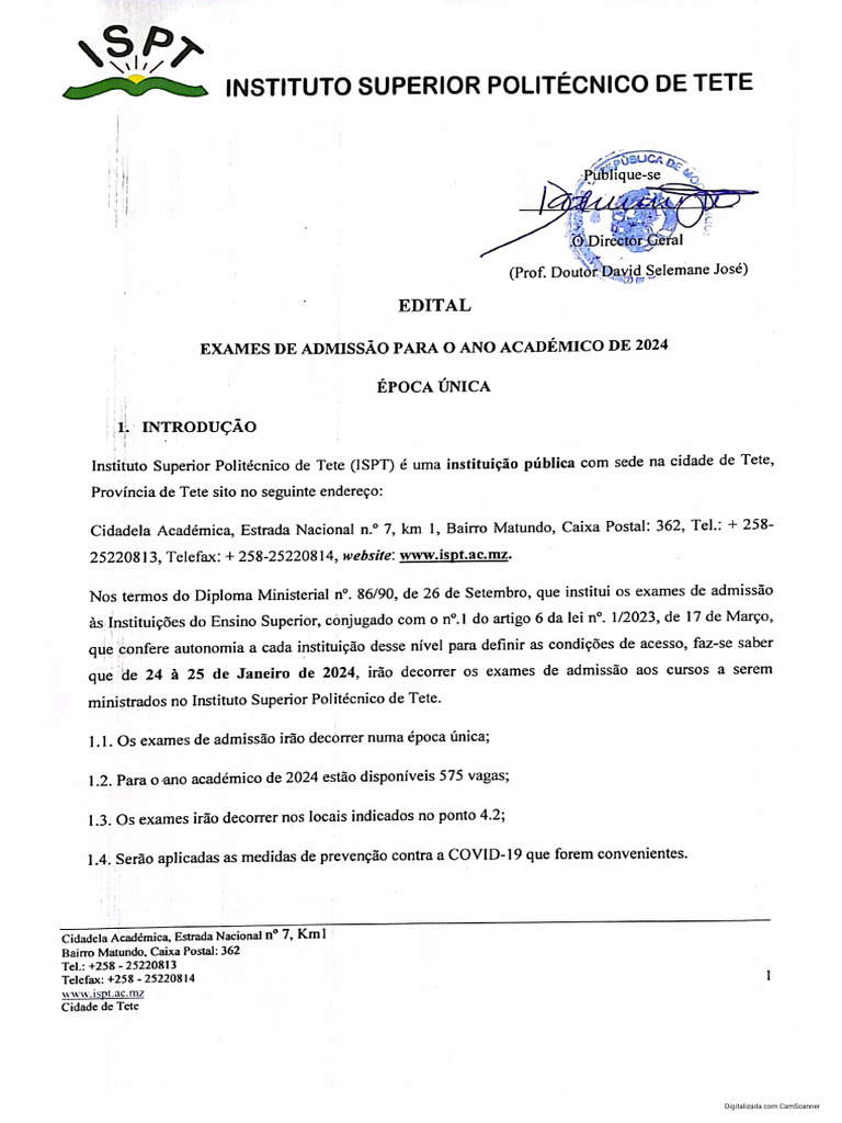 Edital de Exames de Admissao ISPT 2024 | PDF
