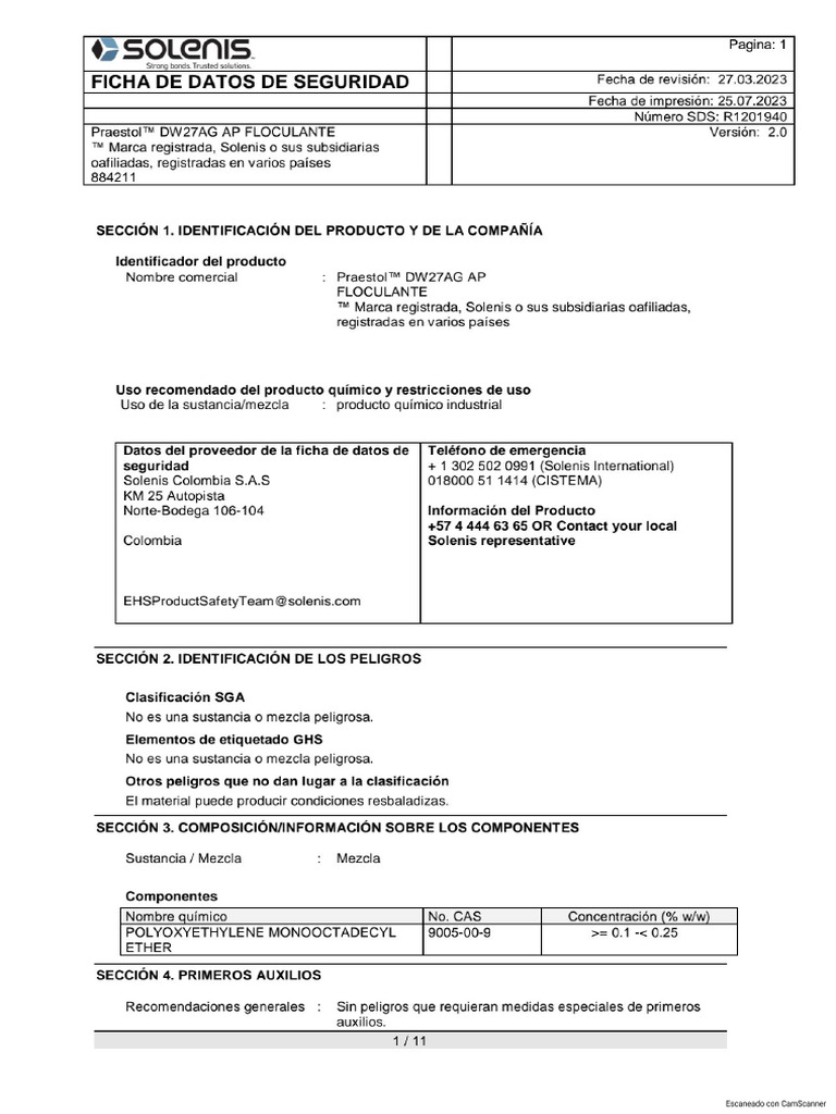 Praestol™ DW27AG AP FLOCCULANT 000000000000884211 Colombia-Spanish | PDF