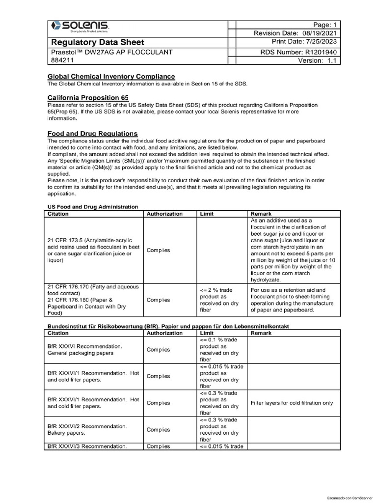 Praestol™ DW27AG AP FLOCCULANT 000000000000884211 RDS (Regulatory Data ...