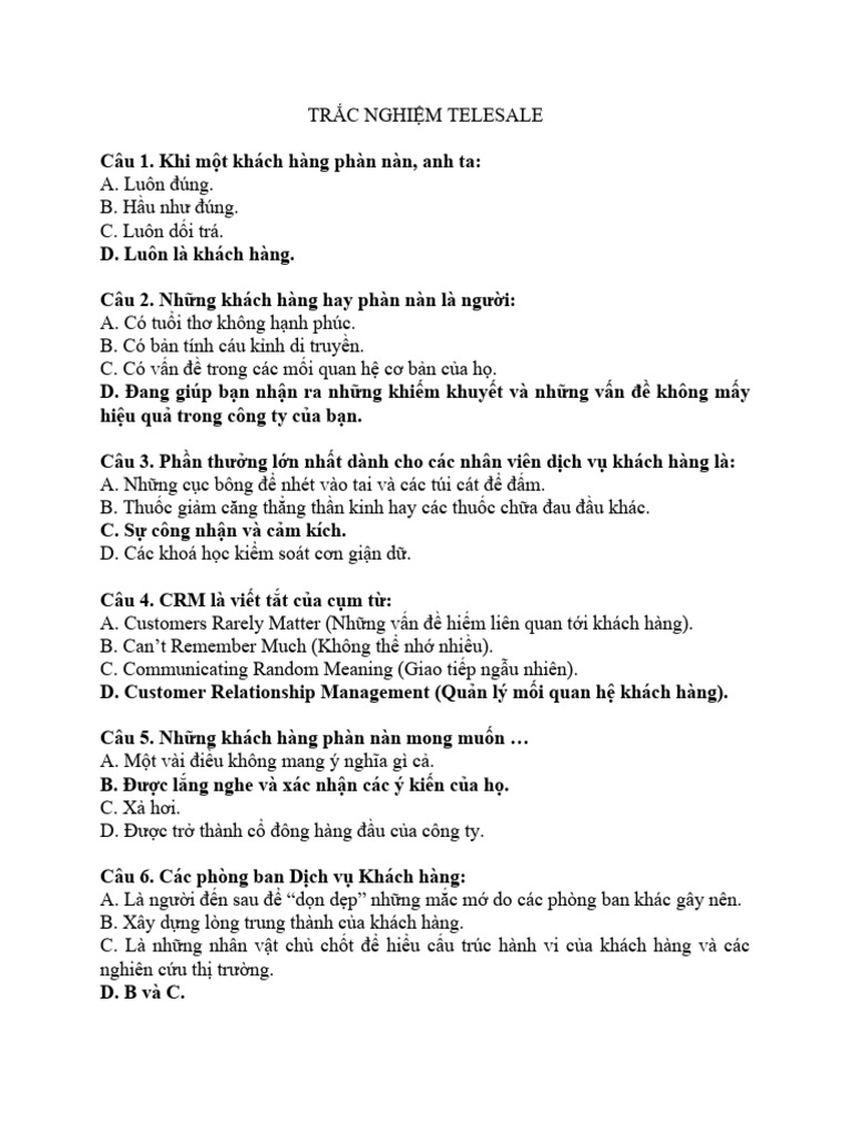 TRẮC NGHIỆM TELESALE | PDF