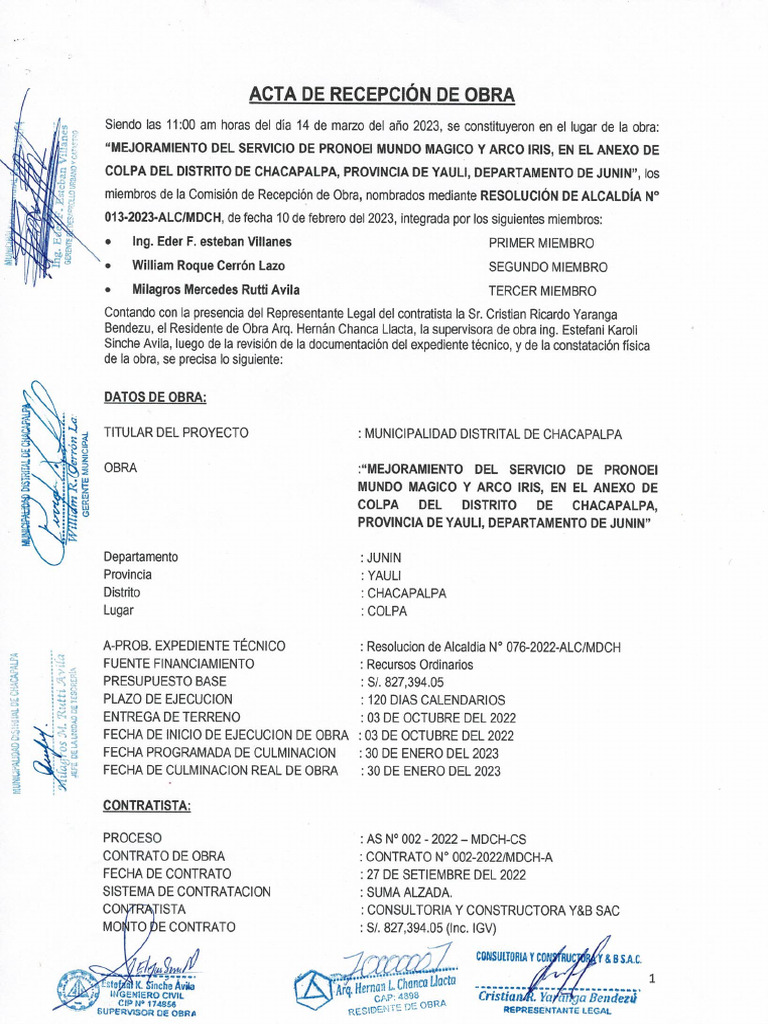 Acta de Recepcion de Obra Pronoei | PDF