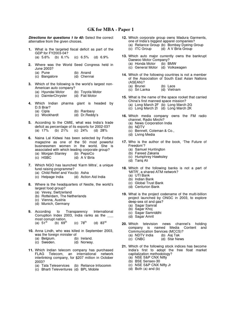 GK For MBA - Paper 1: Directions For Questions 1 To 40: Select The ...