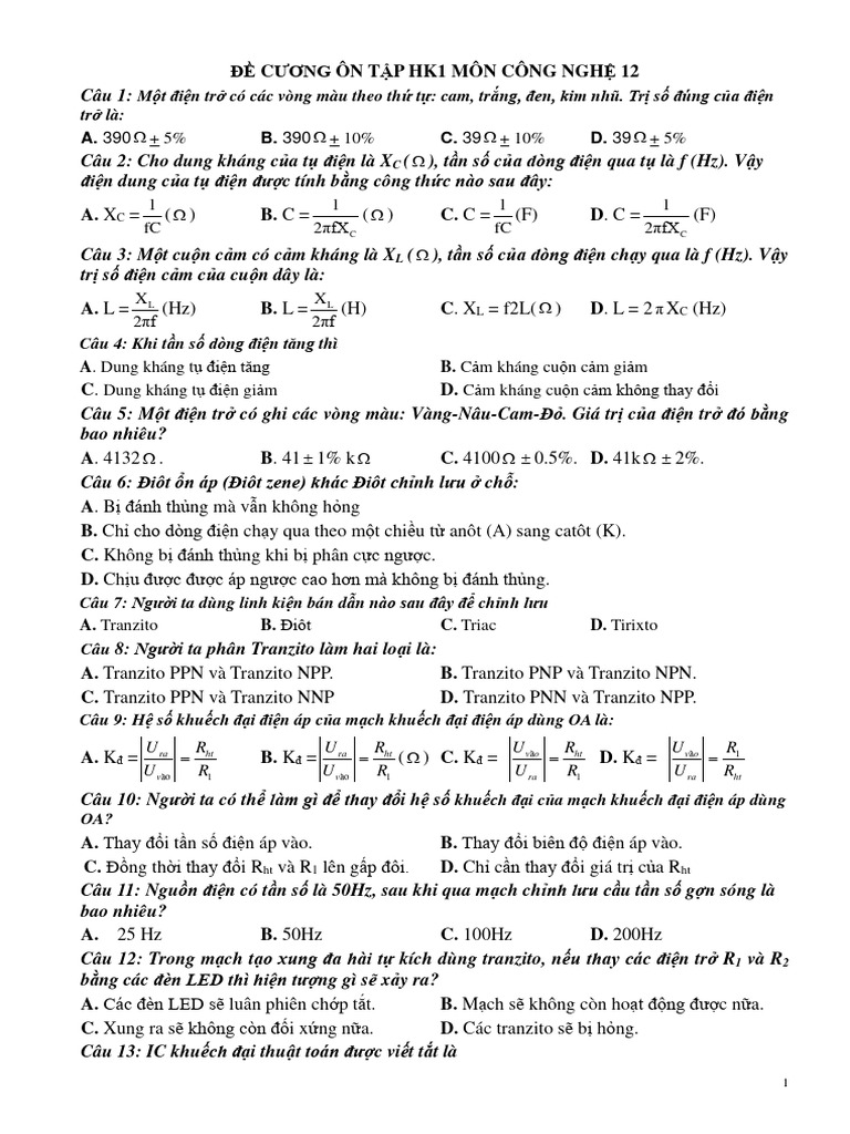 Đề cương ôn tập CN12 - HK1 nộp | PDF