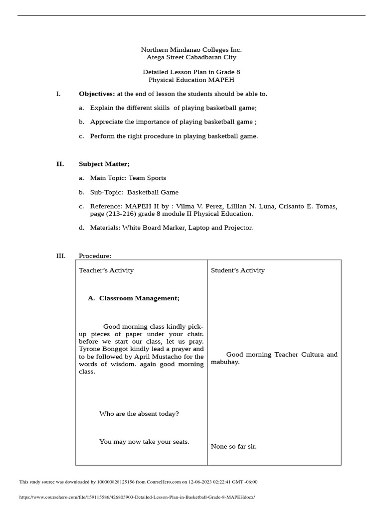 Grade 8 Basketball Lesson Plan | PDF | Indoor Sports | Athletic Sports