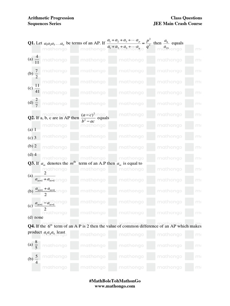 Arithmetic Progression - Sequence Series - Class Question - JEE Main Crash Course | PDF
