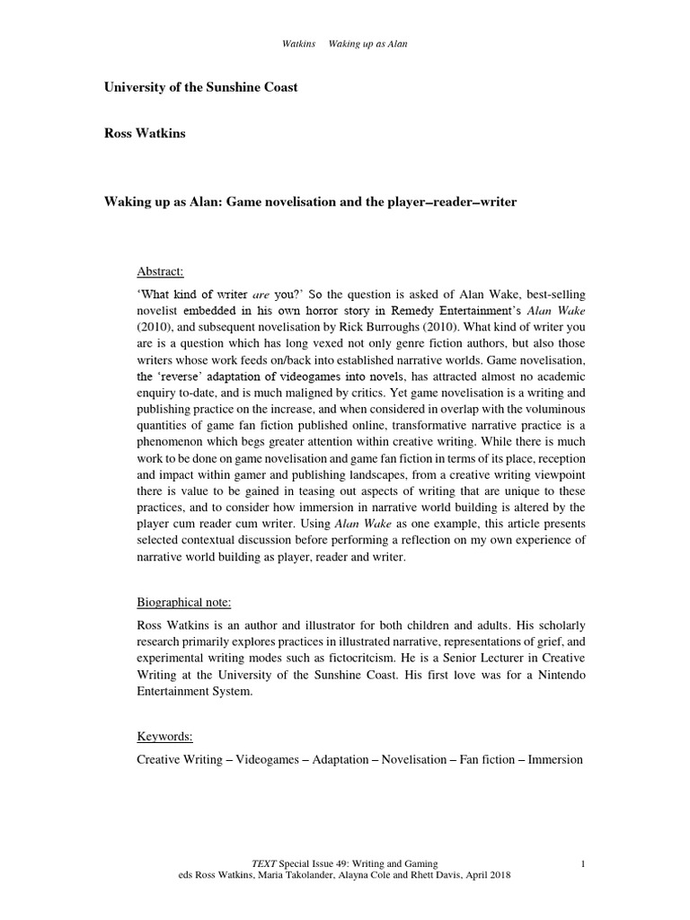 Waking Up As Alan Game Novelisation and The Player Reader Writer | PDF