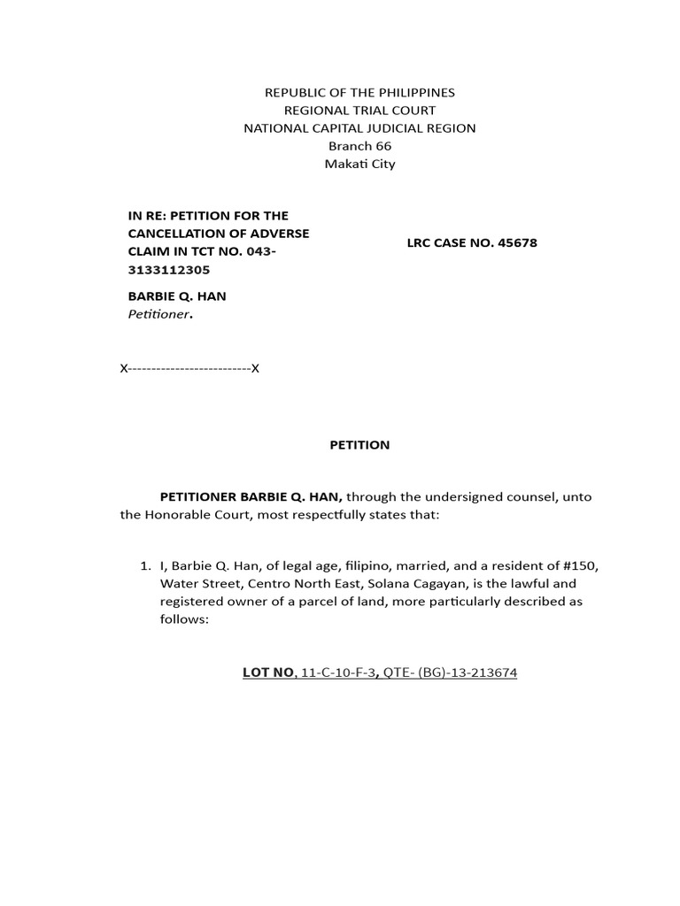 Petition For The Cancellation of Adverse Claim | PDF | Common Law | Legal Procedure