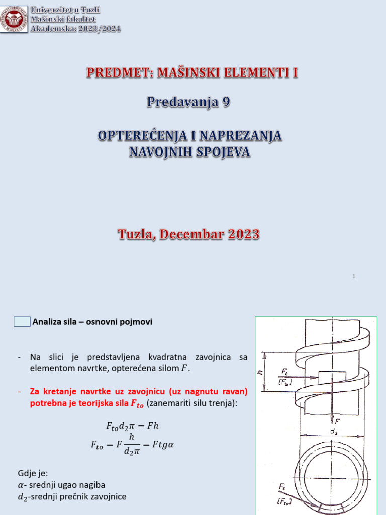 Predavanja-9 1 ME1 EN Navojni-Spojevi Nastavak-Proracuni-2023 2024 | PDF