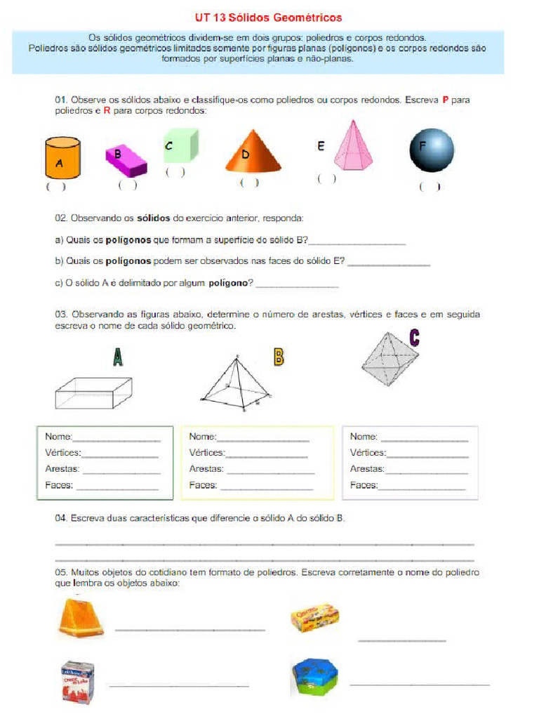 Atividade 6 Ano Solidos Geométricos | PDF