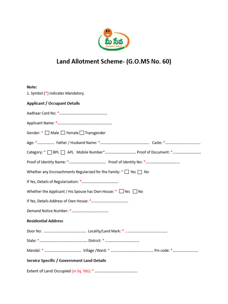 Land Allotment Scheme (G.O MS No. 60) Application Form | PDF ...