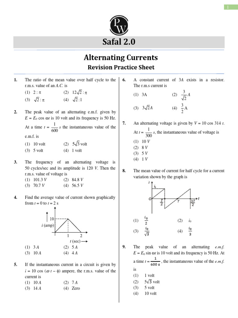 Alternating Currents - Revision Practice Sheet - Safal 2.0 | Download ...