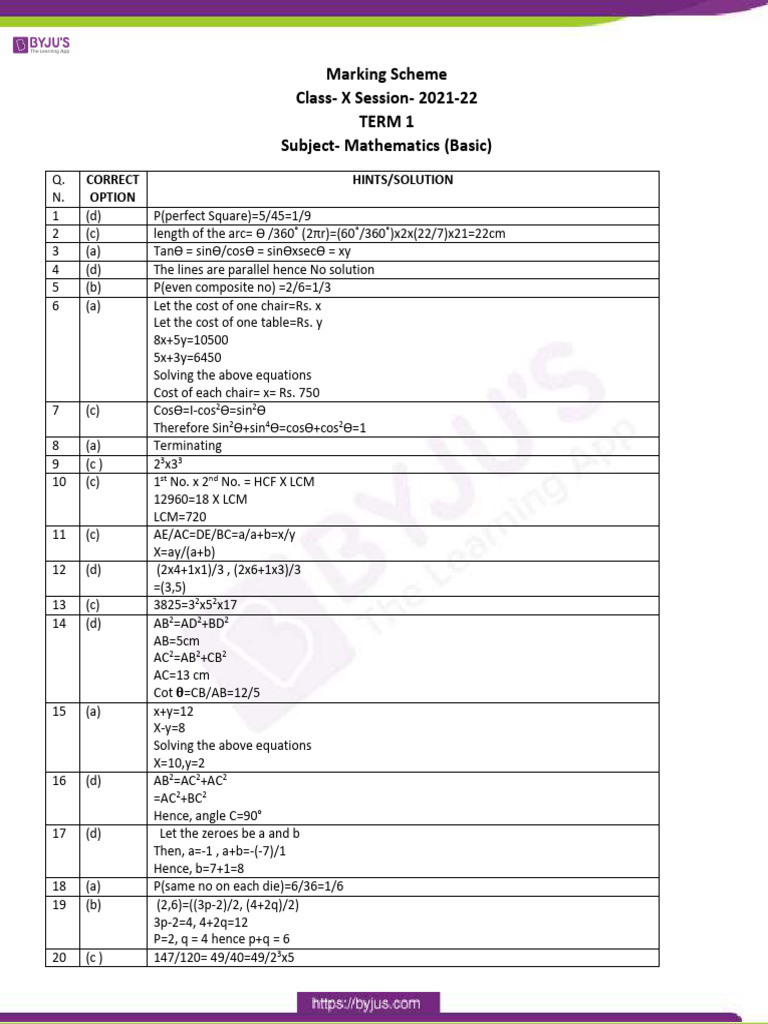 CBSE Class 10 Maths Basic Marking Scheme and Answer Key Term 1 2021 22 | PDF | Mathematical ...