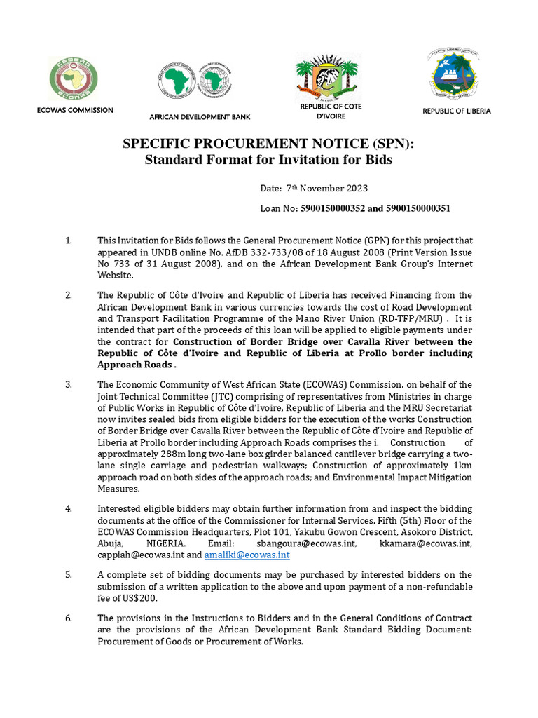 Specific Procurement Notice-Cavalla Bridge | PDF | African Development Bank | Economies