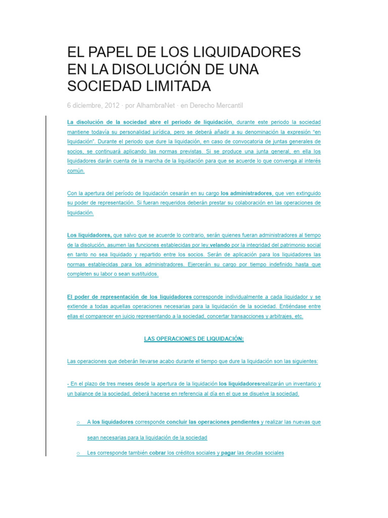 EL PAPEL DE LOS LIQUIDADORES EN LA DISOLUCIÓN DE UNA SOCIEDAD LIMITADA ...