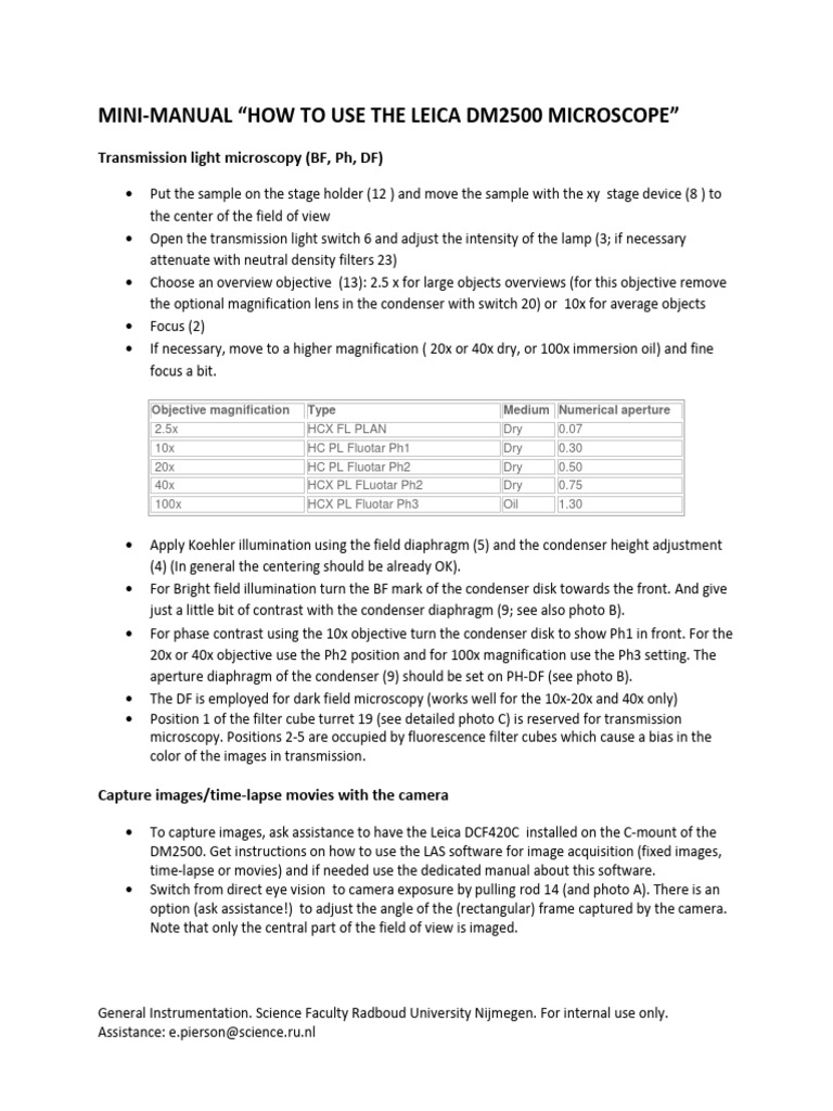 Leica DM2500 Microscope User Guide | PDF | Optical Filter | Glass Engineering And Science