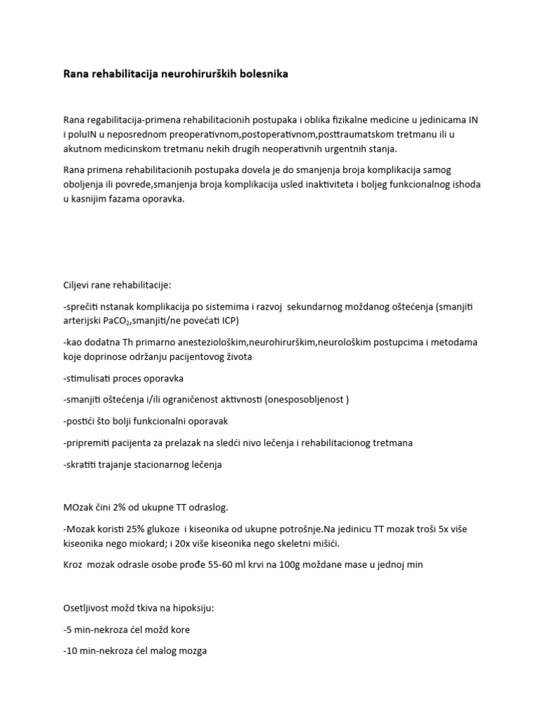 Rana Rehabilitacija Neurohirurških Bolesnika | PDF