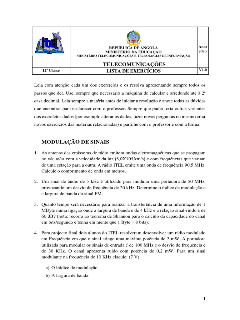 Exercicios Telecom - Lista 1 | PDF | Antena (rádio) | Radiodifusão