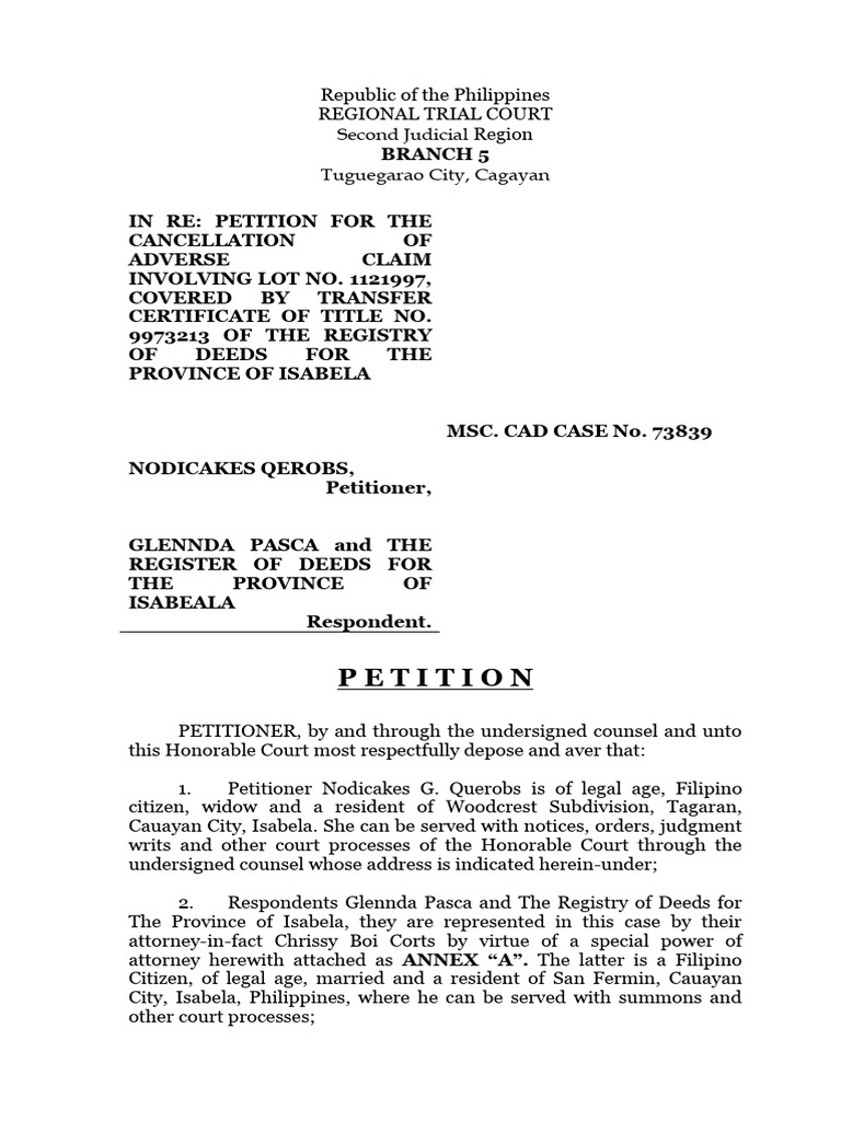 Petition to Cancel Adverse Claim on Lot | PDF | Public Law | Government