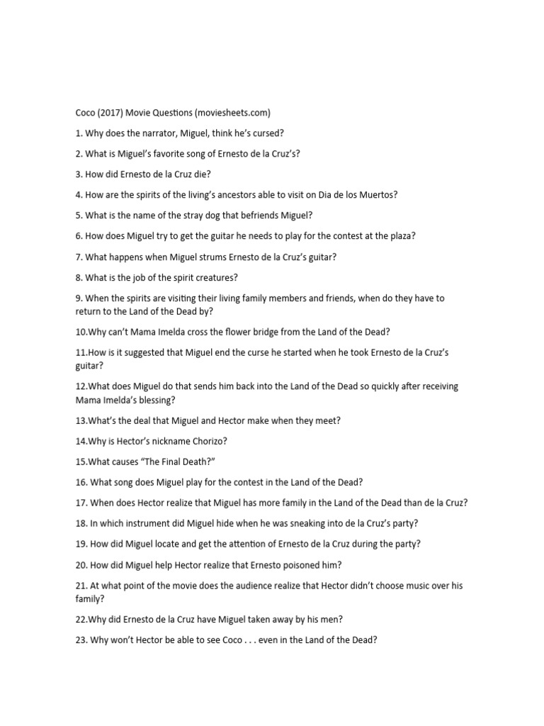 Preguntas sobre la película Coco | PDF | Arte | Novela negra, policíaca ...